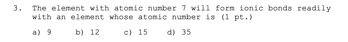 Solved 3. The element with atomic number 7 will form ionic | Chegg.com