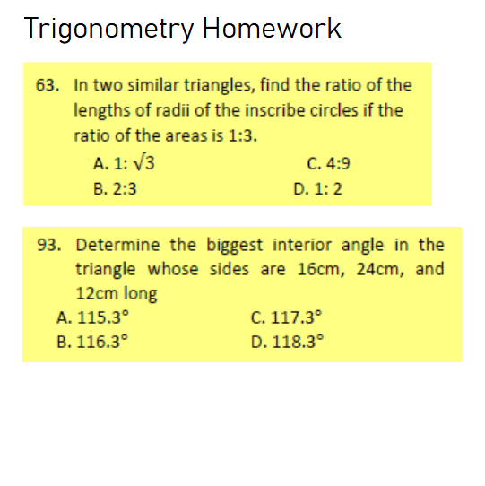 Solved Trigonometry Homework 63. In two similar triangles, | Chegg.com