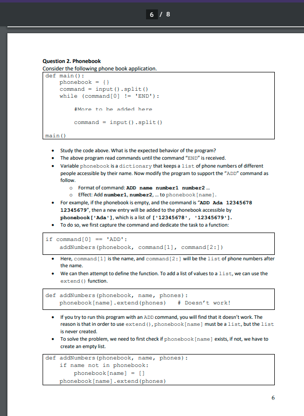 Solved 6 / 8 Question 2. Phonebook Consider the following | Chegg.com