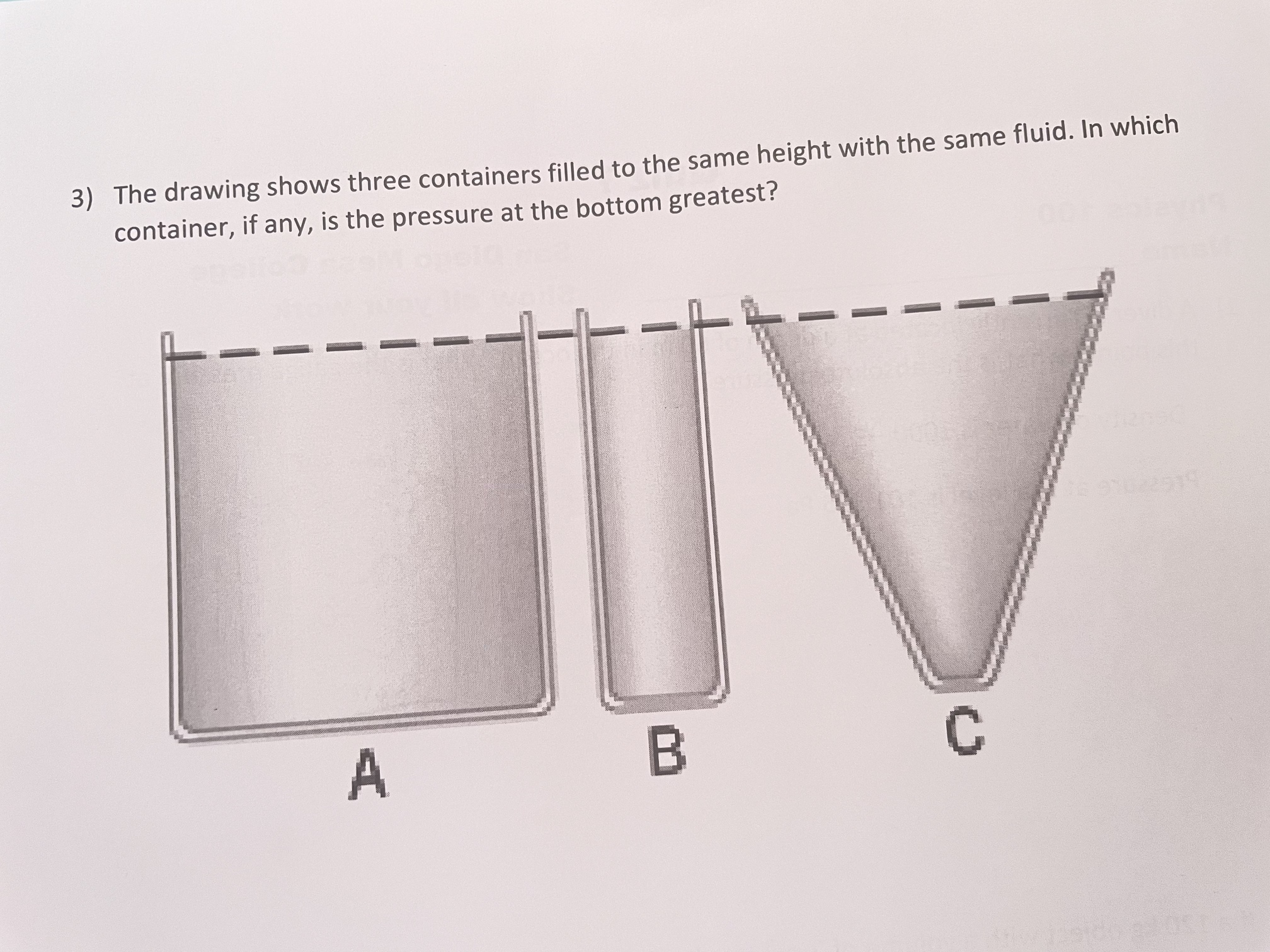 Solved 3) The drawing shows three containers filled to the | Chegg.com