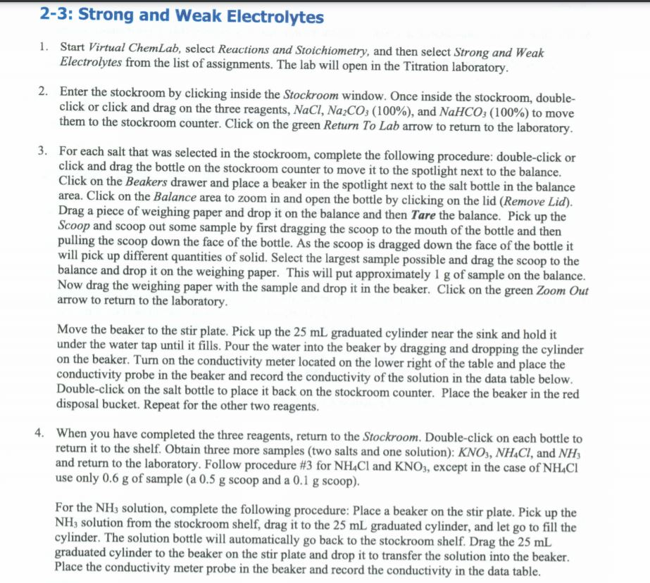 2-3: Strong and Weak Electrolytes 1. Start Virtual | Chegg.com