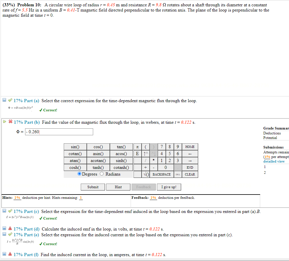 Solved (33%) Problem 10: A circular wire loop of radius r= | Chegg.com