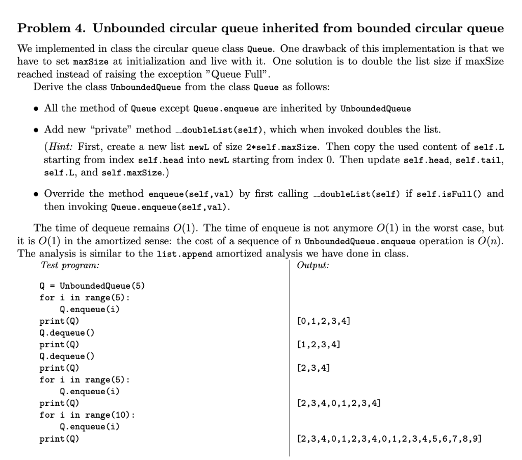 Solved Problem 4. Unbounded circular queue inherited from | Chegg.com