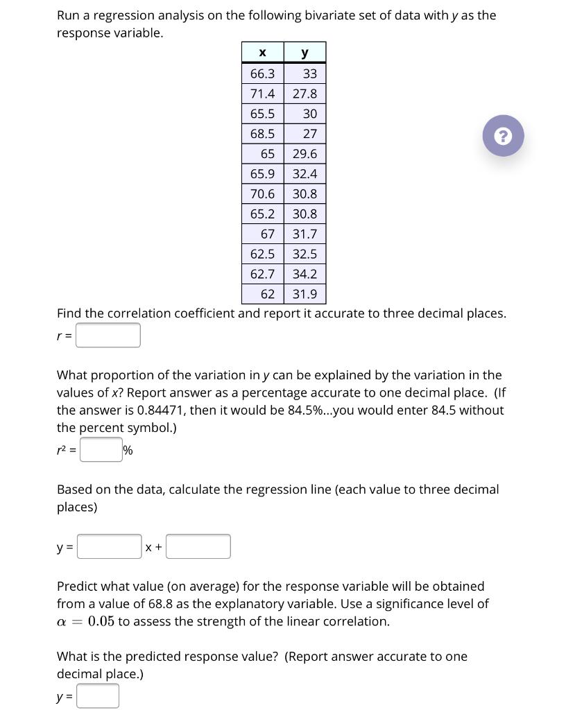 Solved Run a regression analysis on the following bivariate | Chegg.com