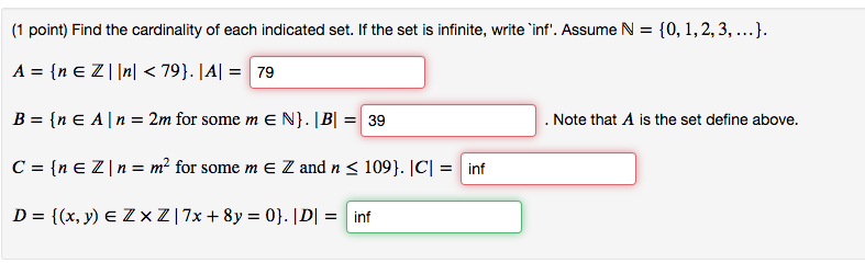 Solved (1 point) Find the cardinality of each indicated set. | Chegg.com