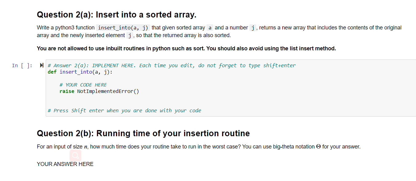 Solved Question 2(a): Insert into a sorted array. Write a | Chegg.com