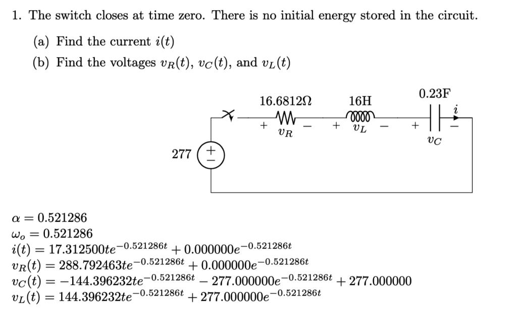 Solved 1 The Switch Closes At Time Zero There Is No