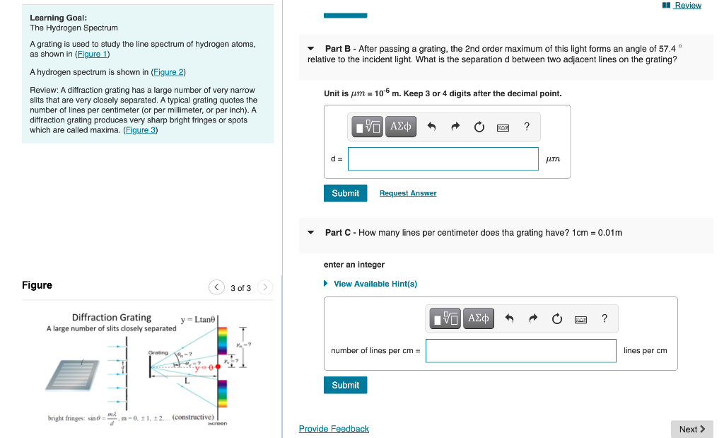 Solved Review Learning Goal: The Hydrogen Spectrum A grating | Chegg.com