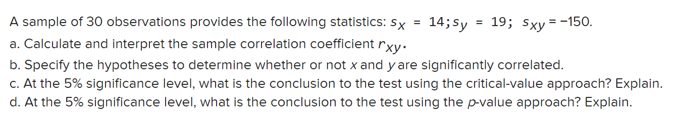 Solved A sample of 30 observations provides the following | Chegg.com