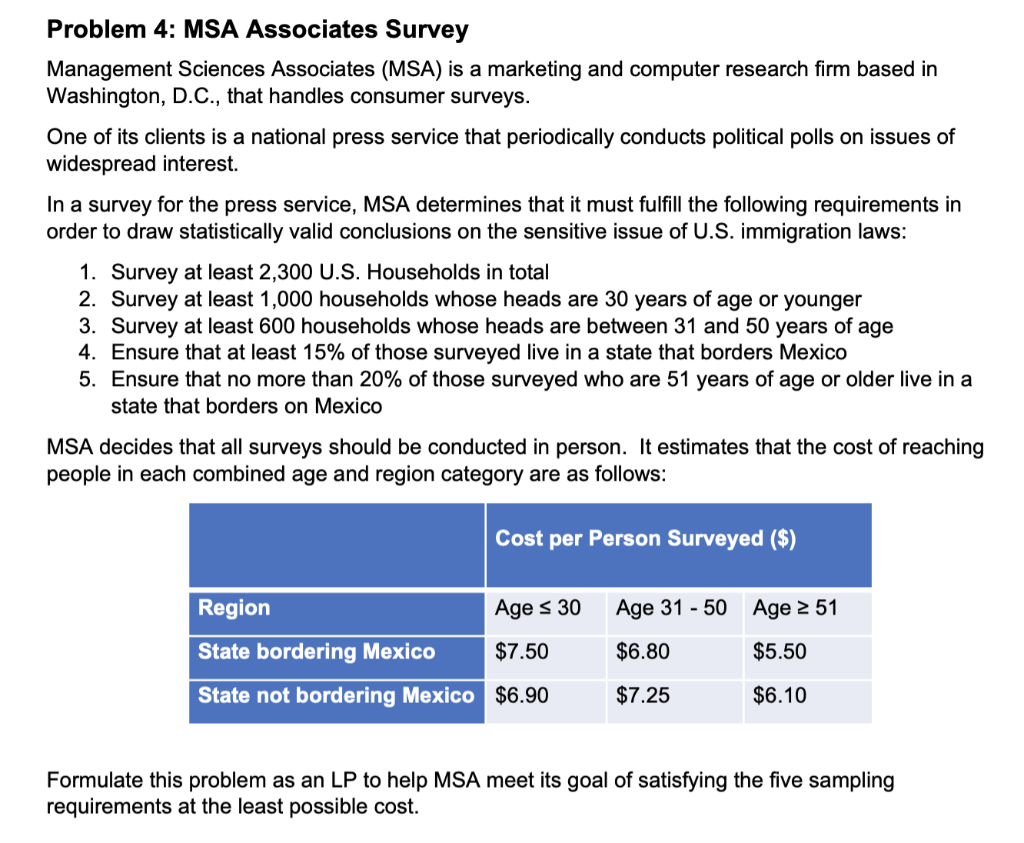 Solved Problem 4: MSA Associates Survey Management Sciences | Chegg.com