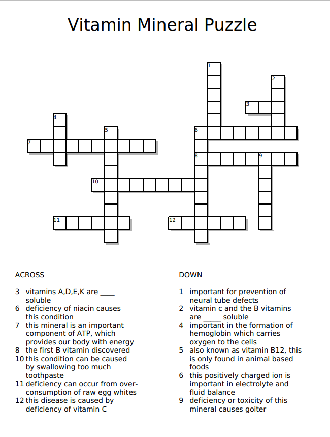 Solved Vitamin Mineral Puzzle 10 12 DOWN ACROSS 3 vitamins | Chegg.com