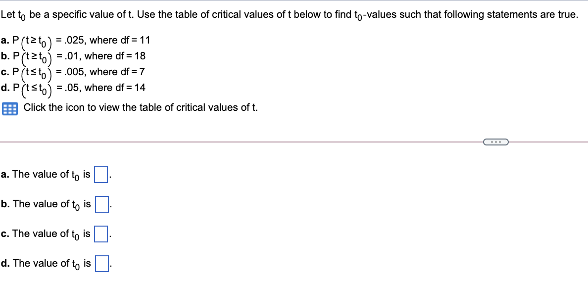 Solved Let to be a specific value of t. Use the table of | Chegg.com
