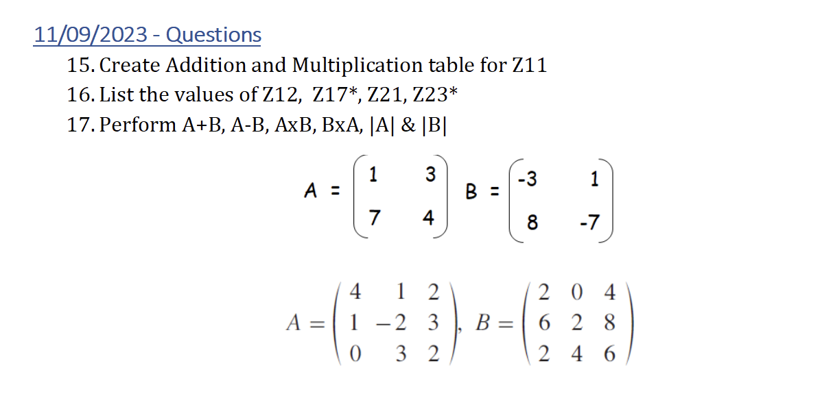 Solved 15. Create Addition and Multiplication table for Z11 | Chegg.com