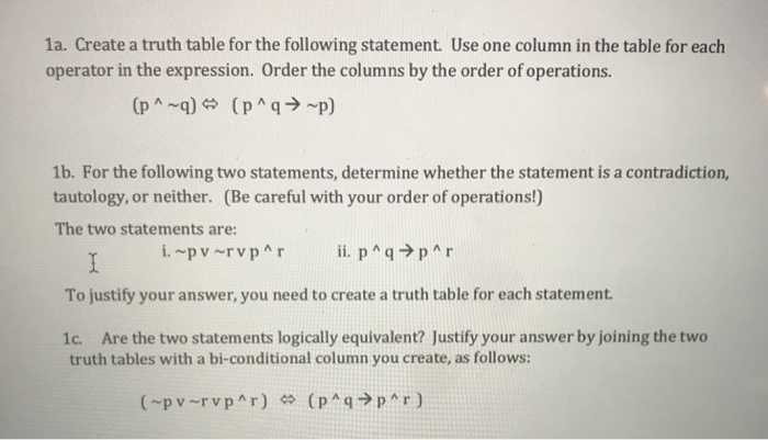 Solved 1a. Create a truth table for the following statement. | Chegg.com
