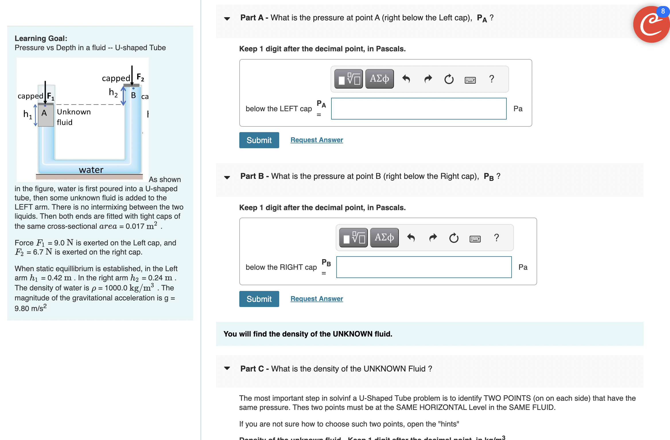 Solved Part A - What is the pressure at point A (right below | Chegg.com