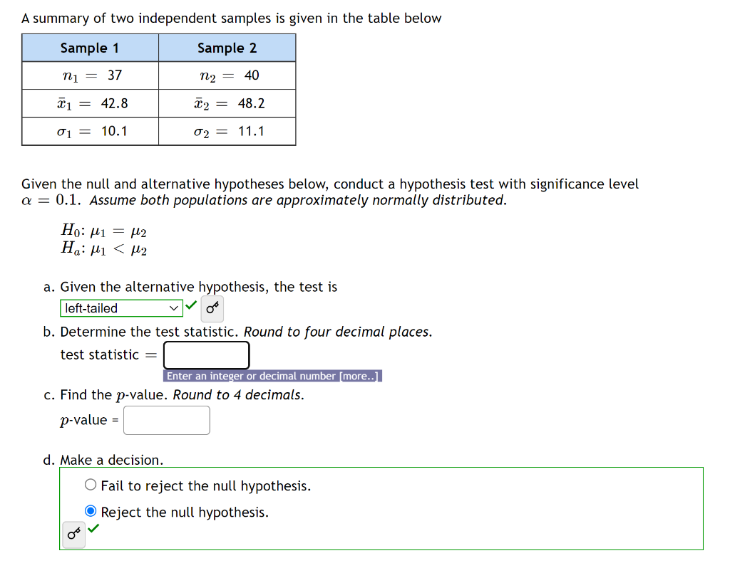 Solved A summary of two independent samples is given in the | Chegg.com