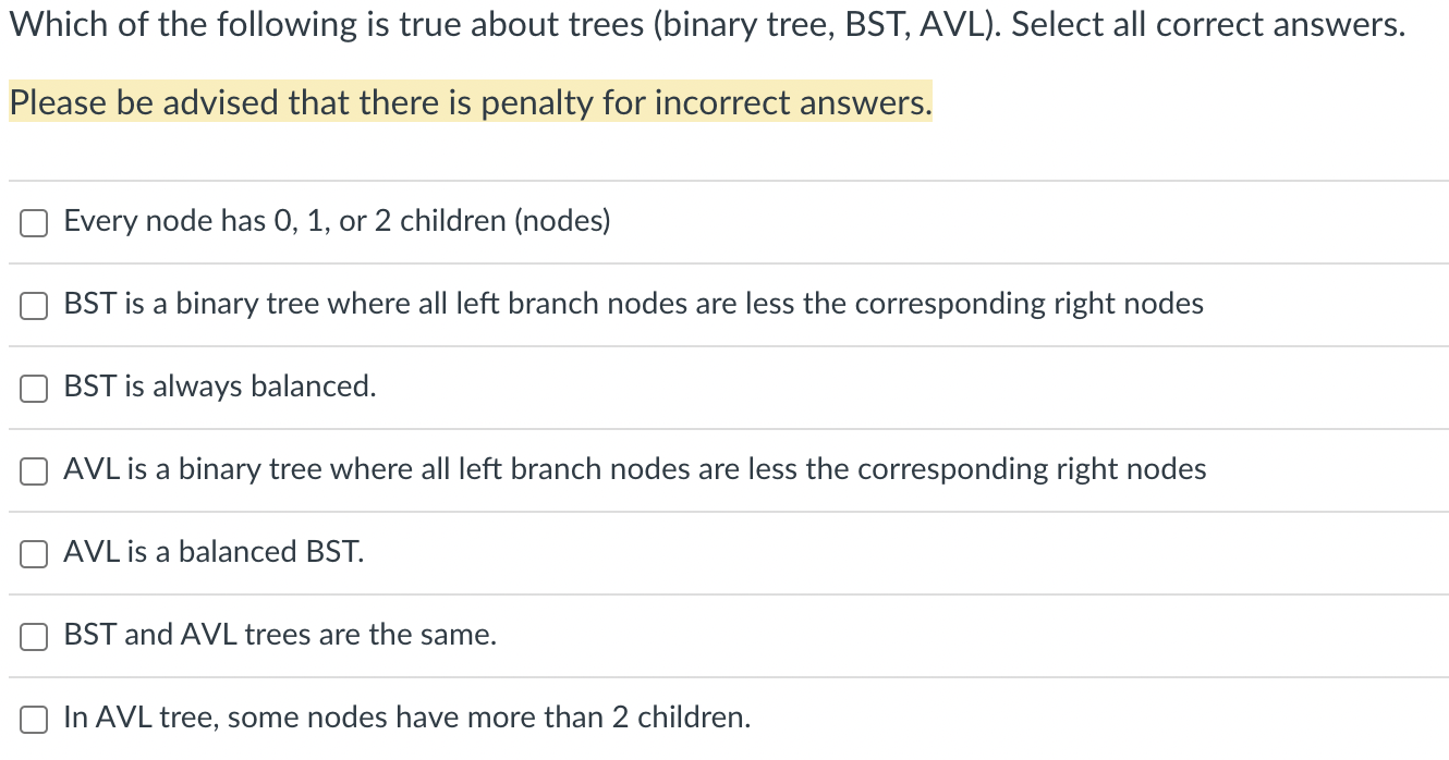 Solved Which of the following is true about trees (binary | Chegg.com