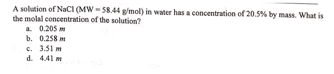 Solved A solution of \\( \\mathrm{NaCl}(\\mathrm{MW}=58.44 | Chegg.com