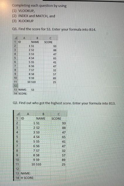 Solved Completing each question by using (1) VLOOKUP, (2) | Chegg.com