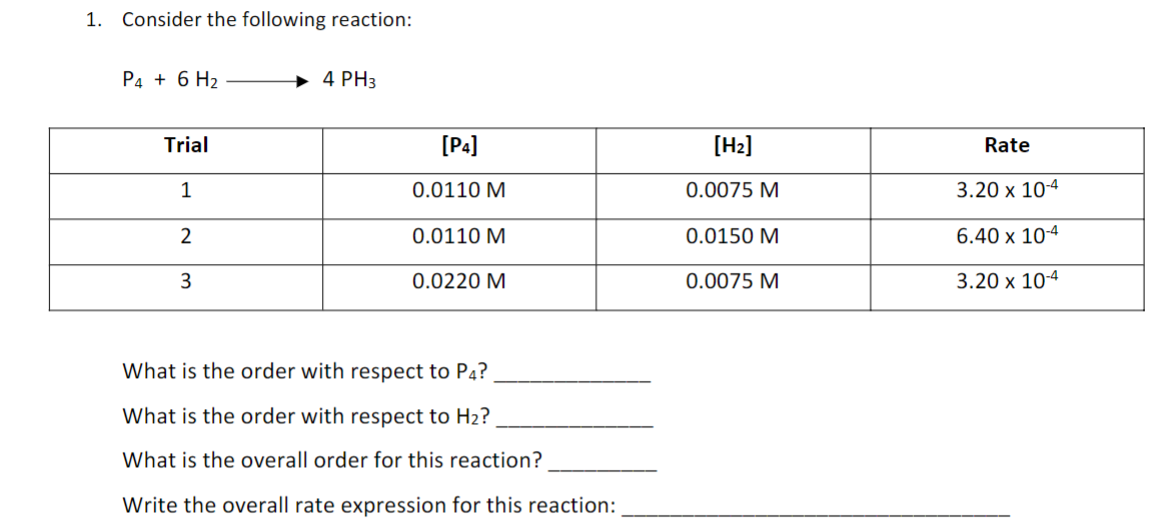 Solved 1. Consider the following reaction: P4+6H2 4PH3 What | Chegg.com
