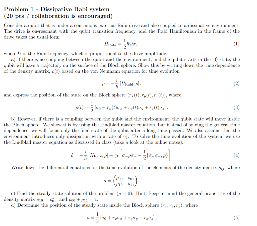Solved Problem 1 - Dissipative Rabi system ( 20pts / | Chegg.com