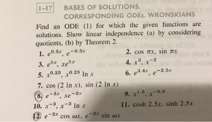 Solved 1-17 BASES OF SOLUTIONS CORRESPONDING ODEs. | Chegg.com