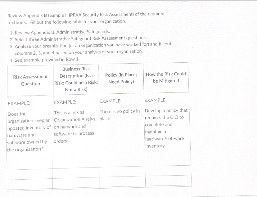 Solved Review Appendix B (Sample HIPPAA Security Risk | Chegg.com