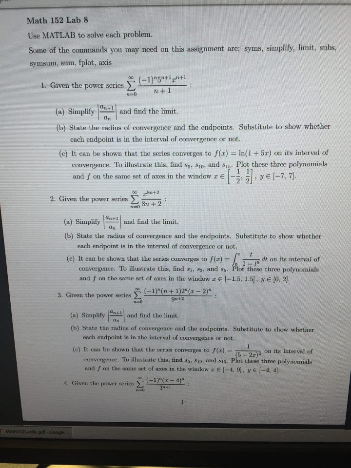 Math 152 Lab 8 Use Matlab To Solve Each Problem Some