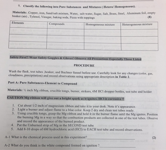 Solved 7. Classify the following into Pure Substances and | Chegg.com