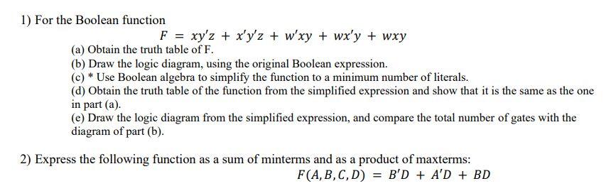 Solved 1 For The Boolean Function F Xy Z X Y Z W Xy