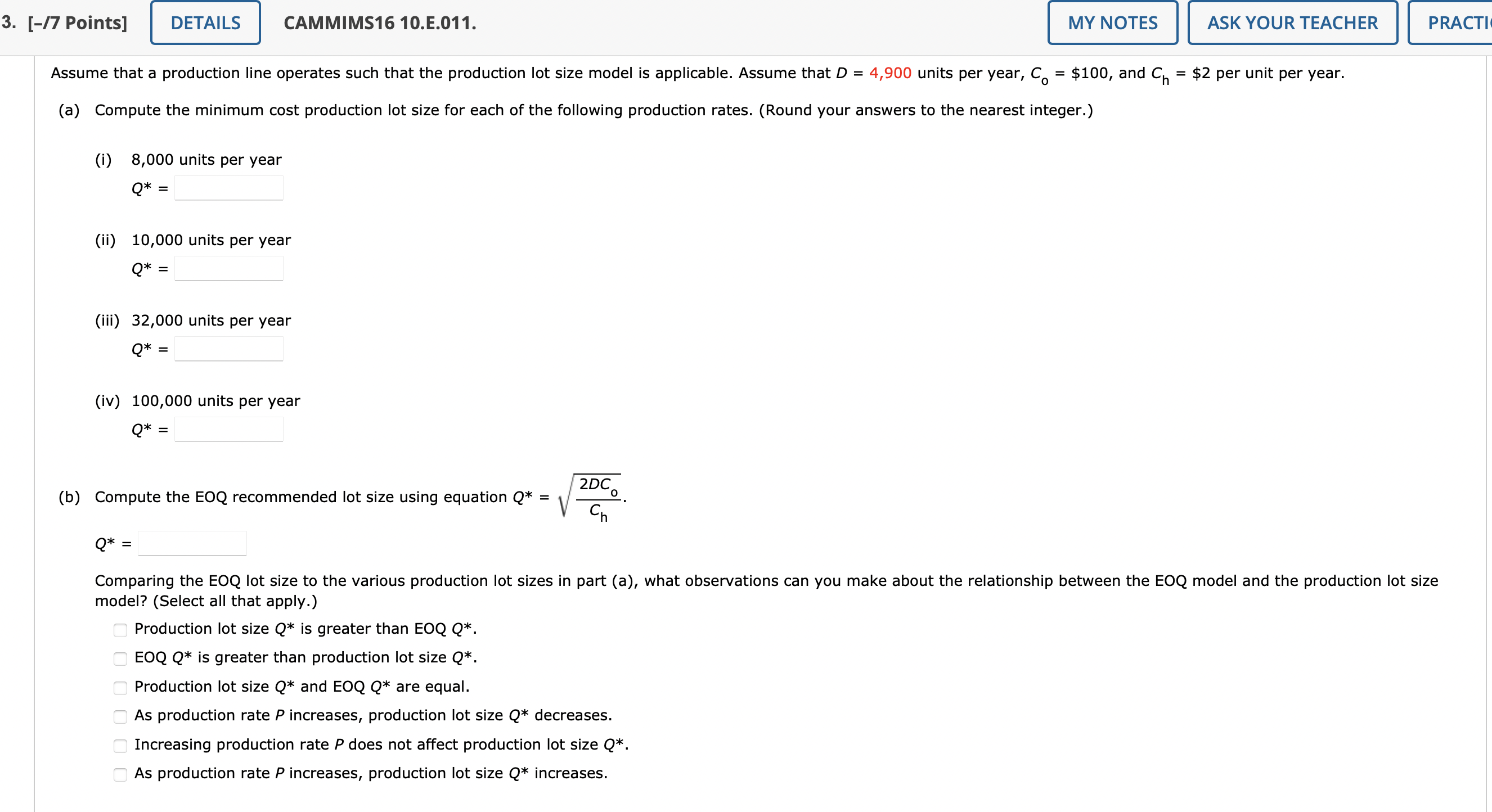 Solved (a) Compute the minimum cost production lot size for | Chegg.com