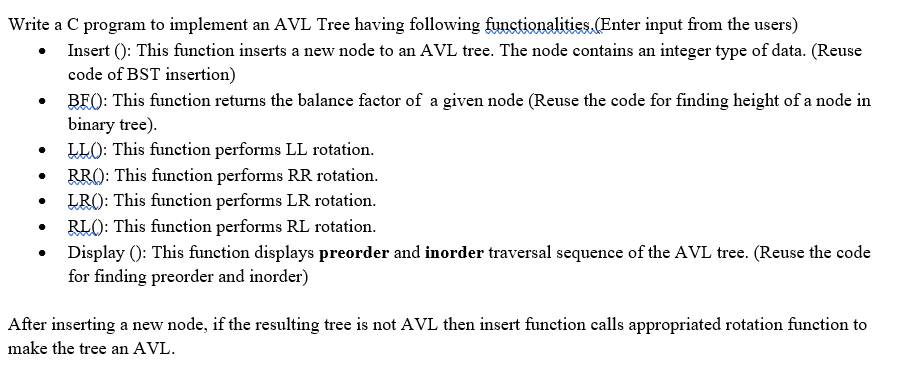 Solved . Write a C program to implement an AVL Tree having | Chegg.com
