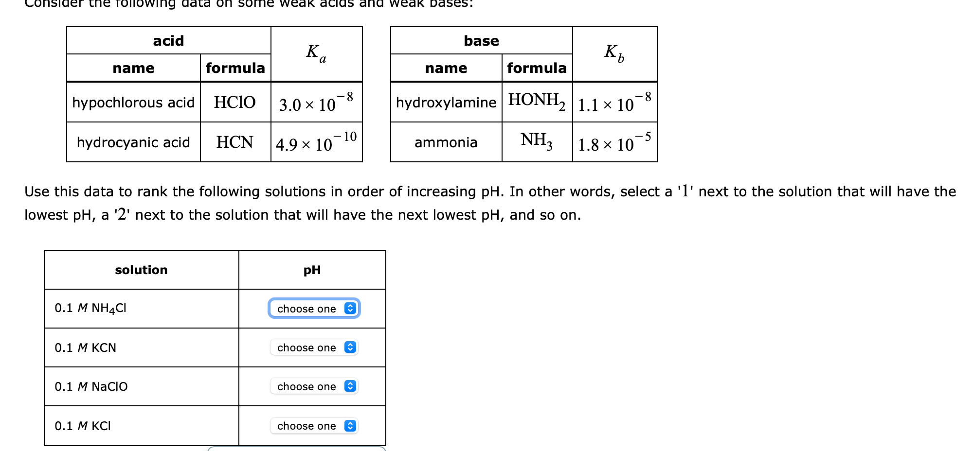 Solved Use this data to rank the following solutions in | Chegg.com