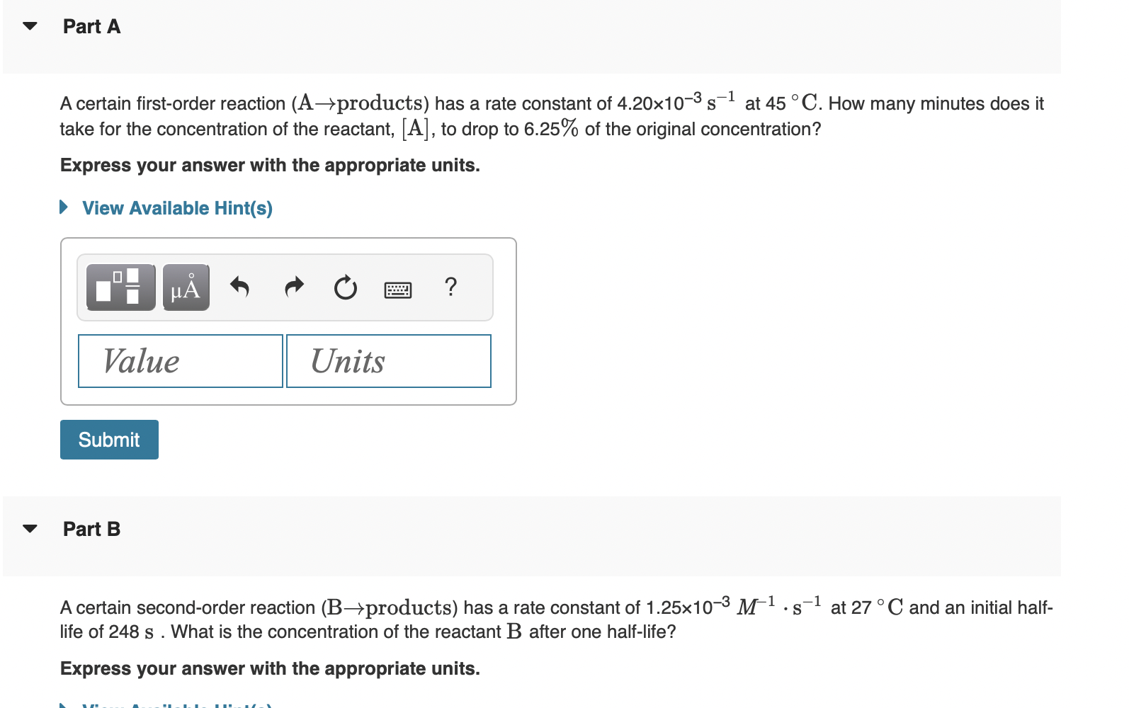 Solved Part A A Certain First Order Reaction A→ Products