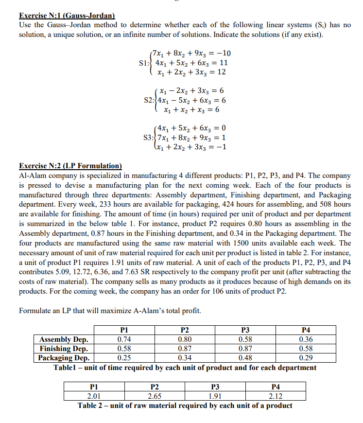 Exercise N:1 (Gauss-Jordan) Use the Gauss-Jordan | Chegg.com