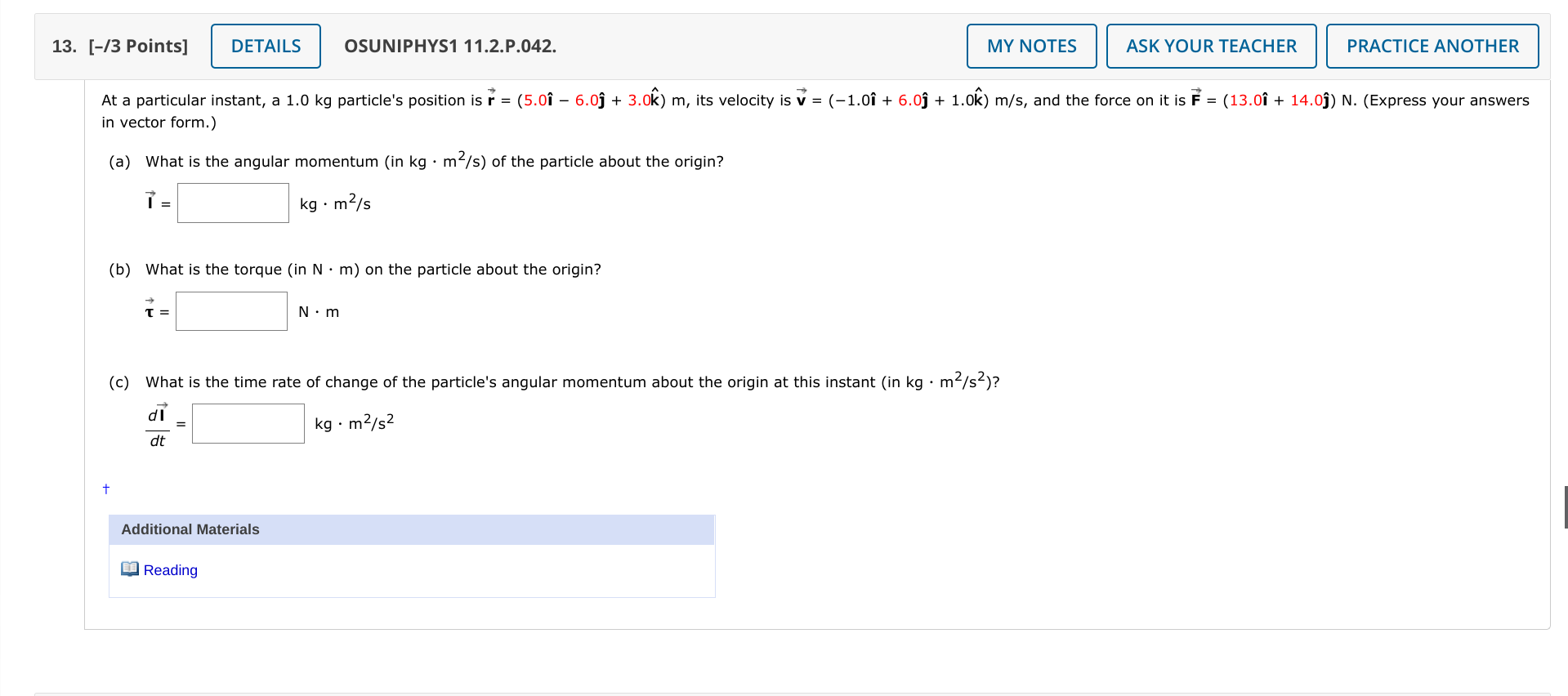 Solved At a particular instant, a 1.0 kg particle's position | Chegg.com