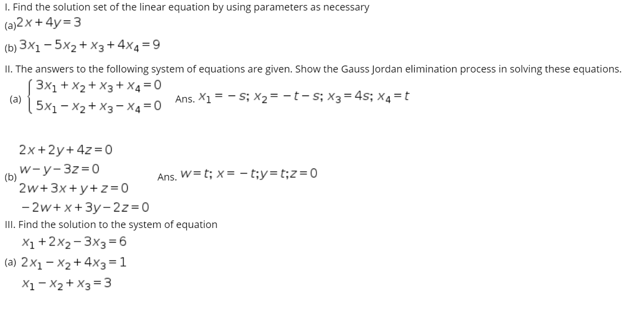Solved I. Find the solution set of the linear equation by | Chegg.com