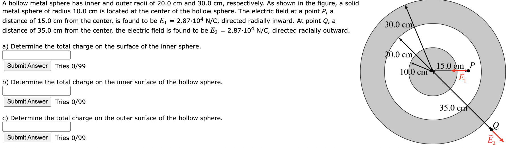 Solved A hollow metal sphere has inner and outer radii of | Chegg.com