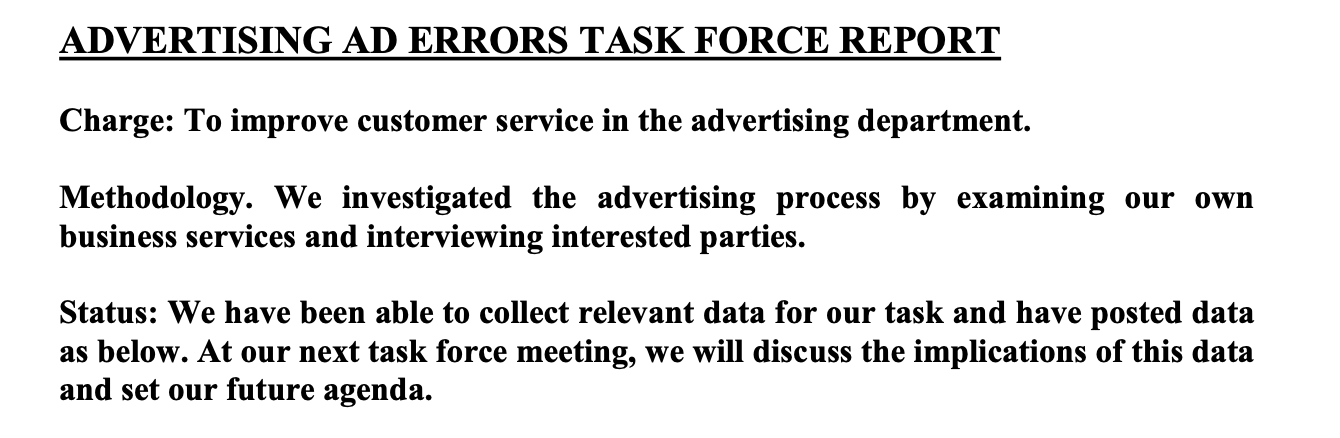 Solved ADVERTISING AD ERRORS TASK FORCE REPORT Charge: To | Chegg.com