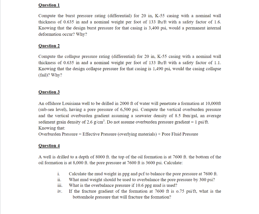 Solved Compute the burst pressure rating (differential) for | Chegg.com