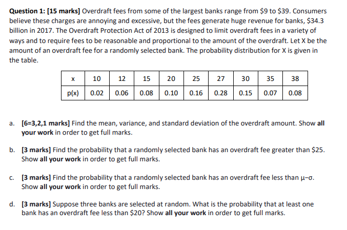 Solved Question 1: [15 marks] Overdraft fees from some of | Chegg.com