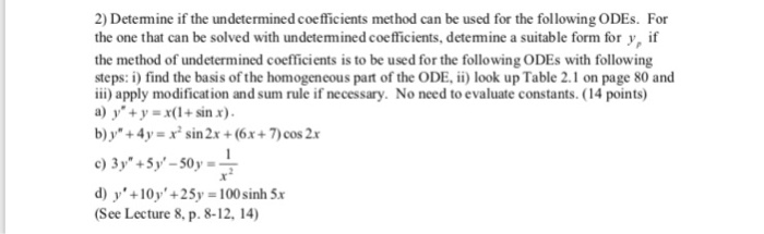 Solved 2) Detemine if the undetermined coefficients method | Chegg.com Solved 2) Detemine if the undetermined coefficients method | Chegg.com