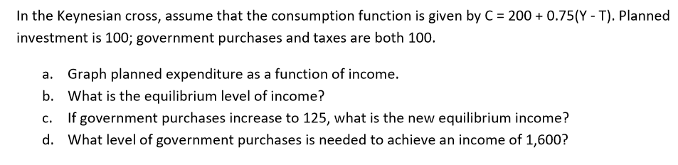Solved In the Keynesian cross, assume that the consumption | Chegg.com