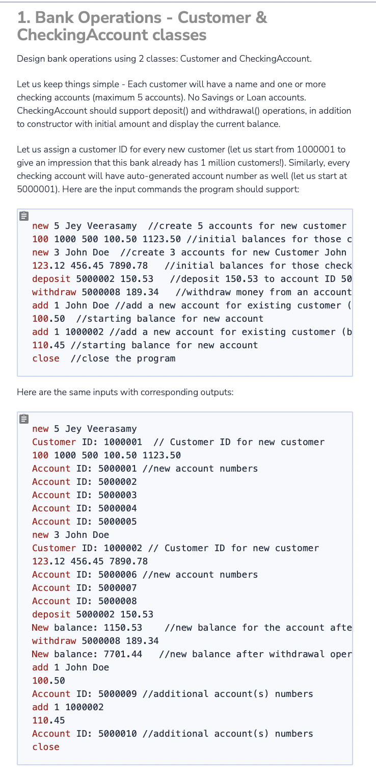 Solved 1. Bank Operations - Customer \& CheckingAccount | Chegg.com