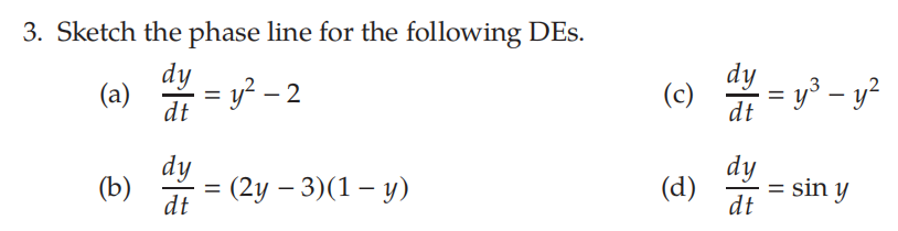 Solved 3. Sketch the phase line for the following DEs. dy | Chegg.com