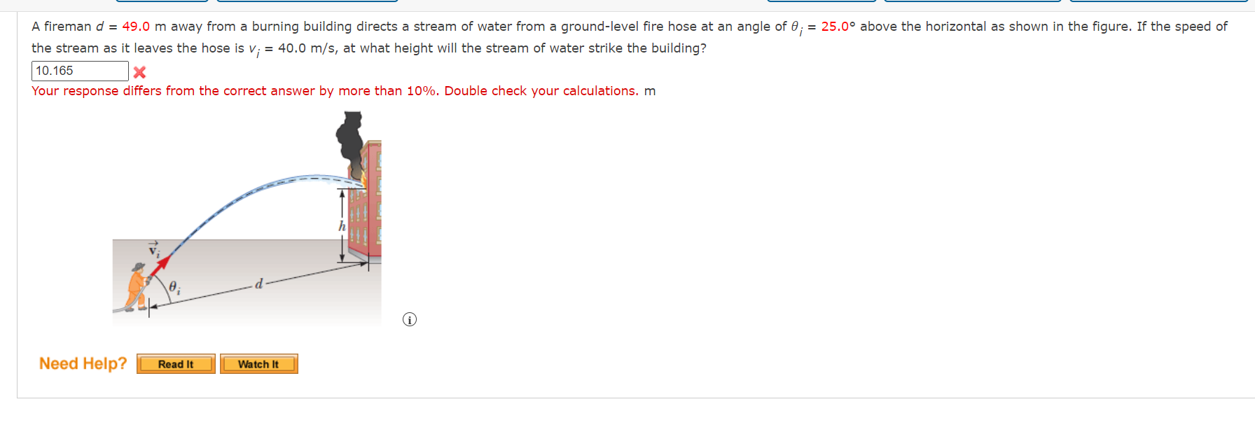 Solved A fireman d = 49.0 m away from a burning building | Chegg.com