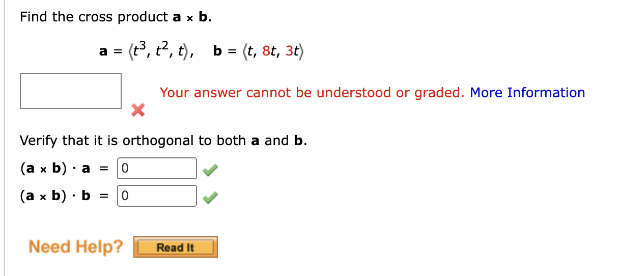 Solved Find the cross product a×b. a= t3,t2,t ,b= t,8t,3t | Chegg.com