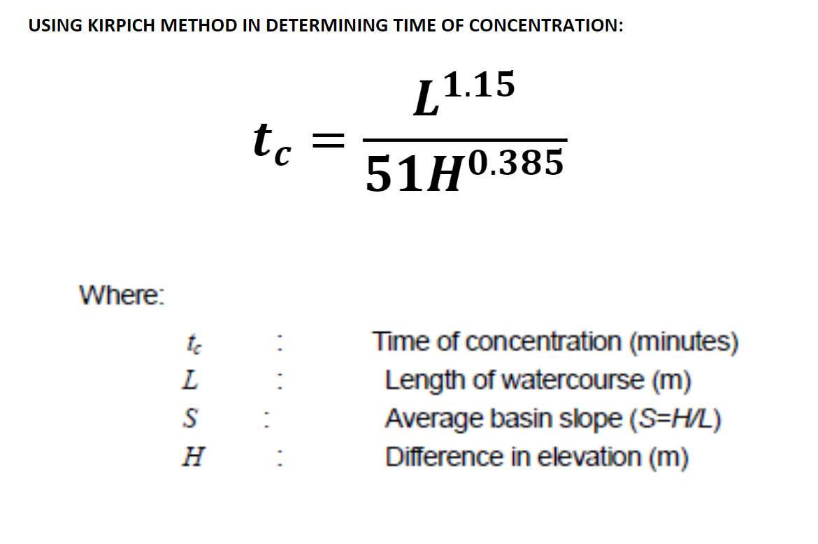 Solved USING KIRPICH METHOD IN DETERMINING TIME OF | Chegg.com