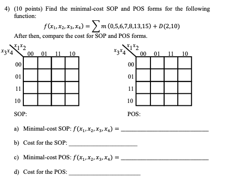 Solved (10 ﻿points) ﻿Find the minimal-cost SOP and POS forms | Chegg.com