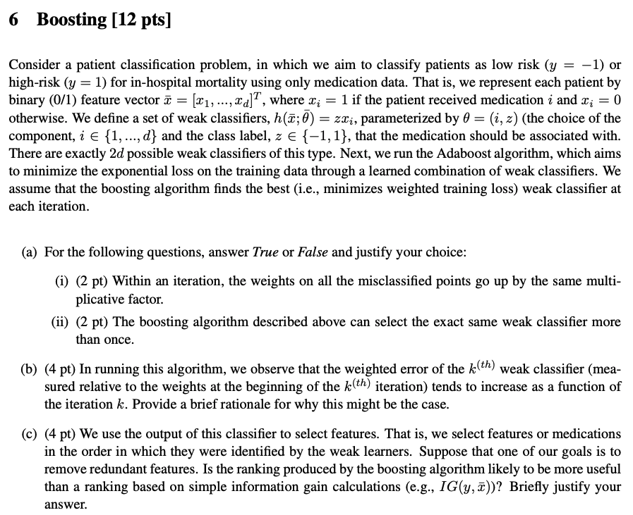 Solved 6 Boosting (12 pts] Consider a patient classification | Chegg.com